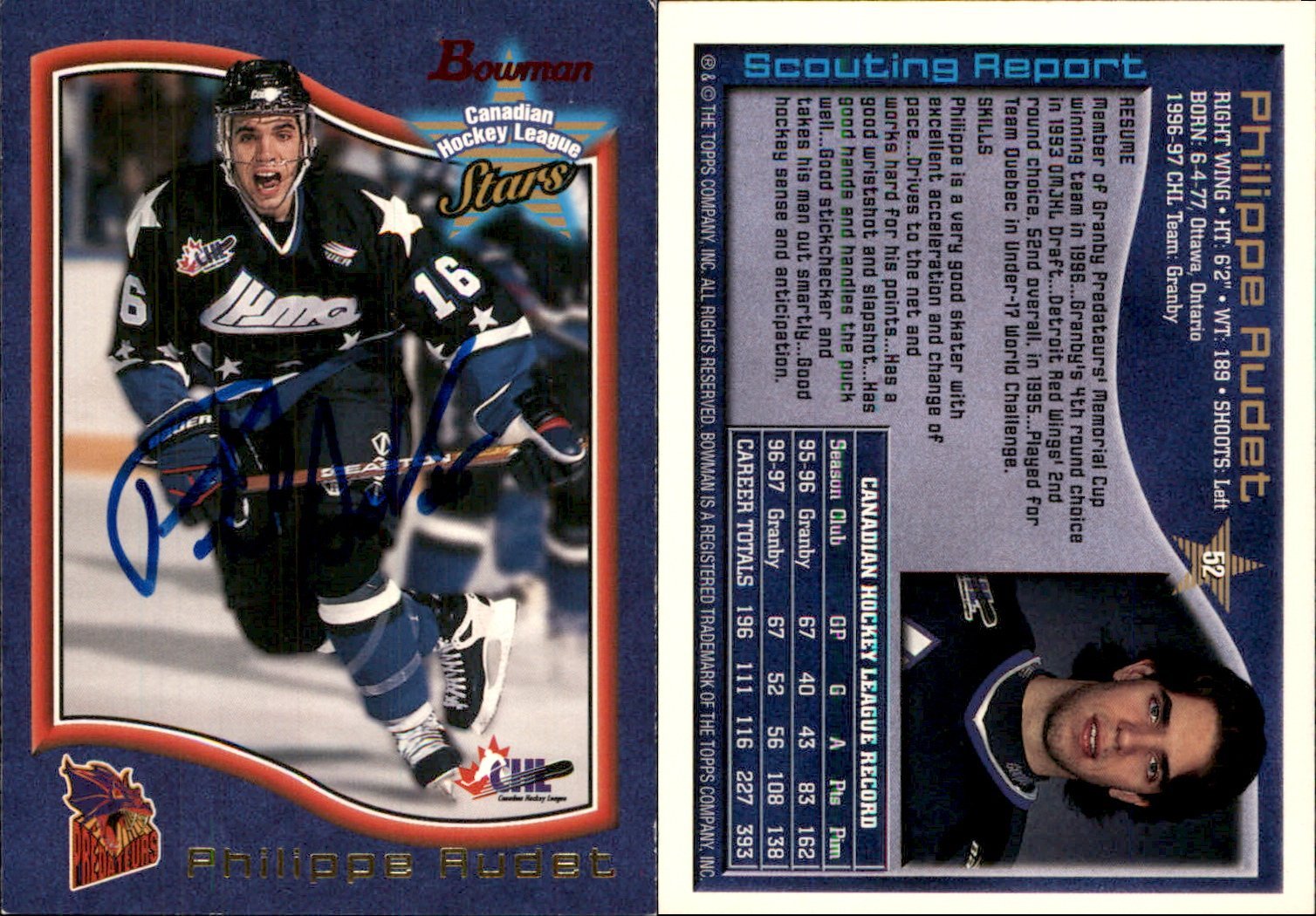 Philippe Audet Signed 1997 Bowman CHL #52 Card Granby Predateurs Auto ...