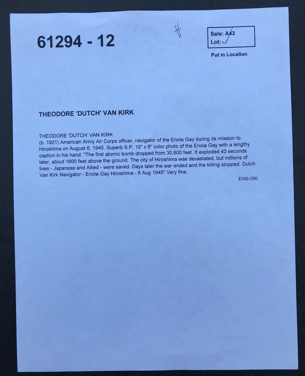 Enola Gay Thomas Wilson Ferebee signed picture Bombardier Atomic Bomb ...