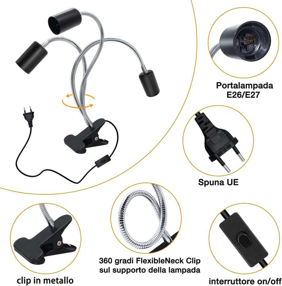 Lampada E27 Con Pinza Regolabile Clip Portalampada 220Cm Cavo Lungo E ...