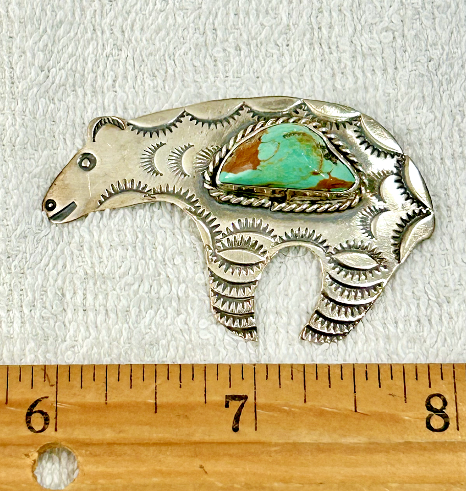 VINTAGE HAND STAMPED STERLING SILVER AND TURQUOISE BEAR PENDANT ALBERT ...