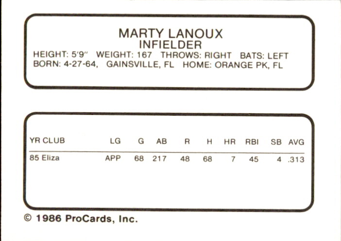 1986 Kenosha Twins ProCards 11 Marty Lanoux Gainesville Orange Park ...