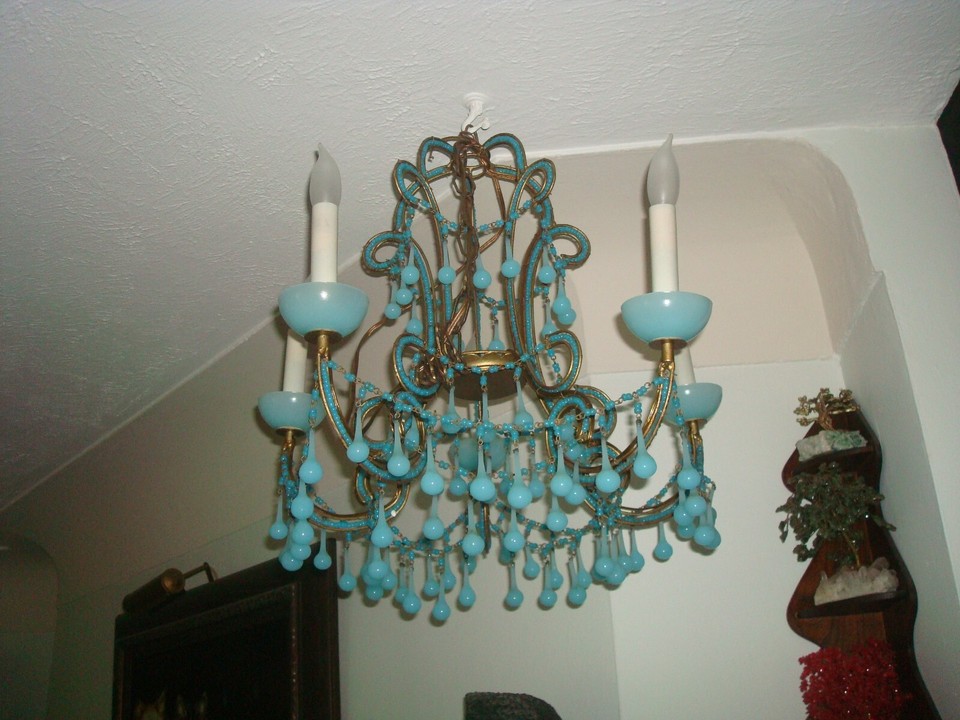 ~French Murano Blue Bobeches Drops & Beads Opaline Beaded Chandelier | eBay