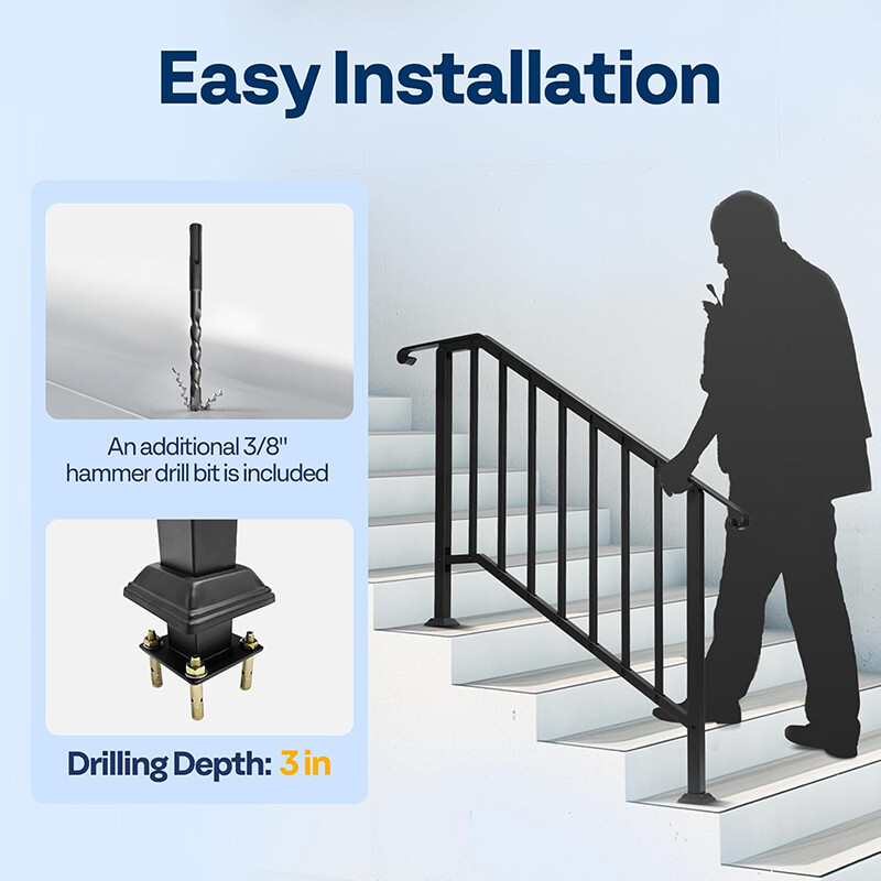 2-Pack 4 Step Hand Rails for Outdoor Steps Wrought Iron Railing for ...