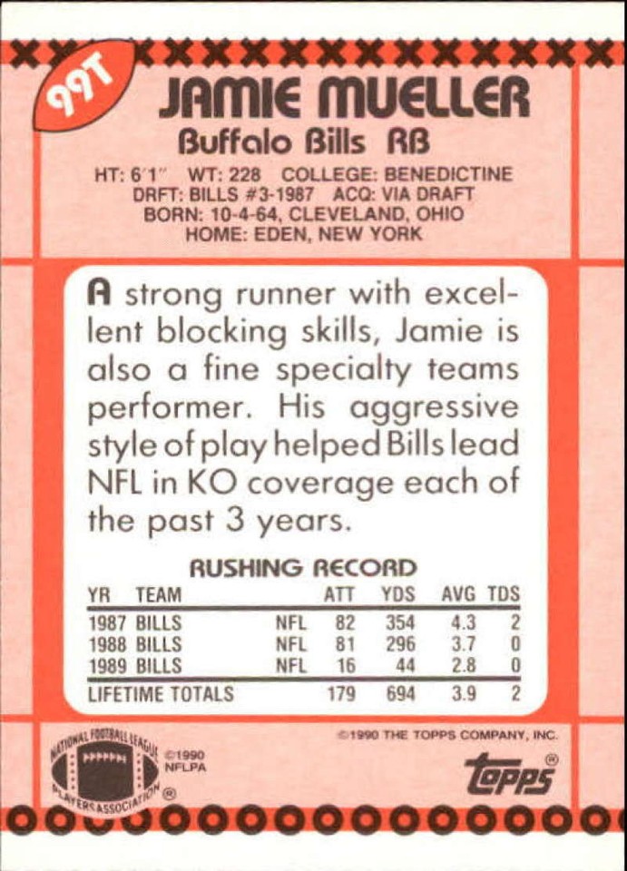 Jamie Mueller 1990 Topps Traded #99T RC Bills ID:18872 | eBay