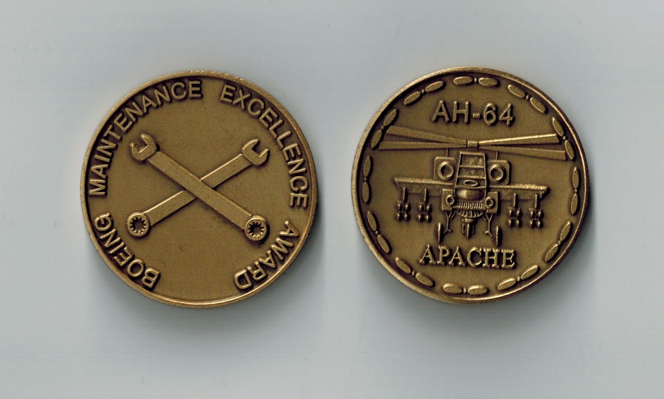 Challenge Coin, AH-64 Apache Boeing Maintenance award (LOC = Gray bk ...