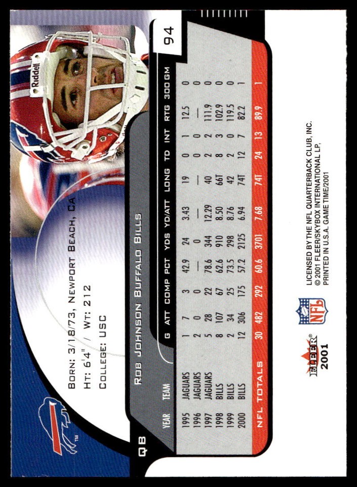 2001 Fleer Game Time 94 Rob Johnson Buffalo Bills Football Card | eBay