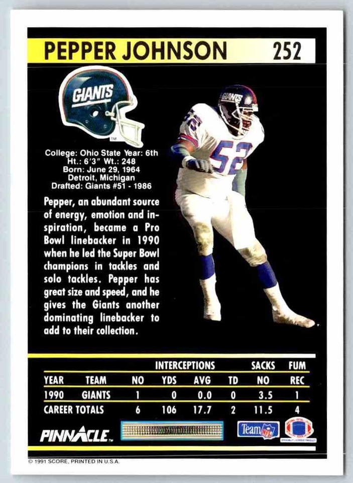 1991 Pinnacle Pepper Johnson #252 Football Card | eBay
