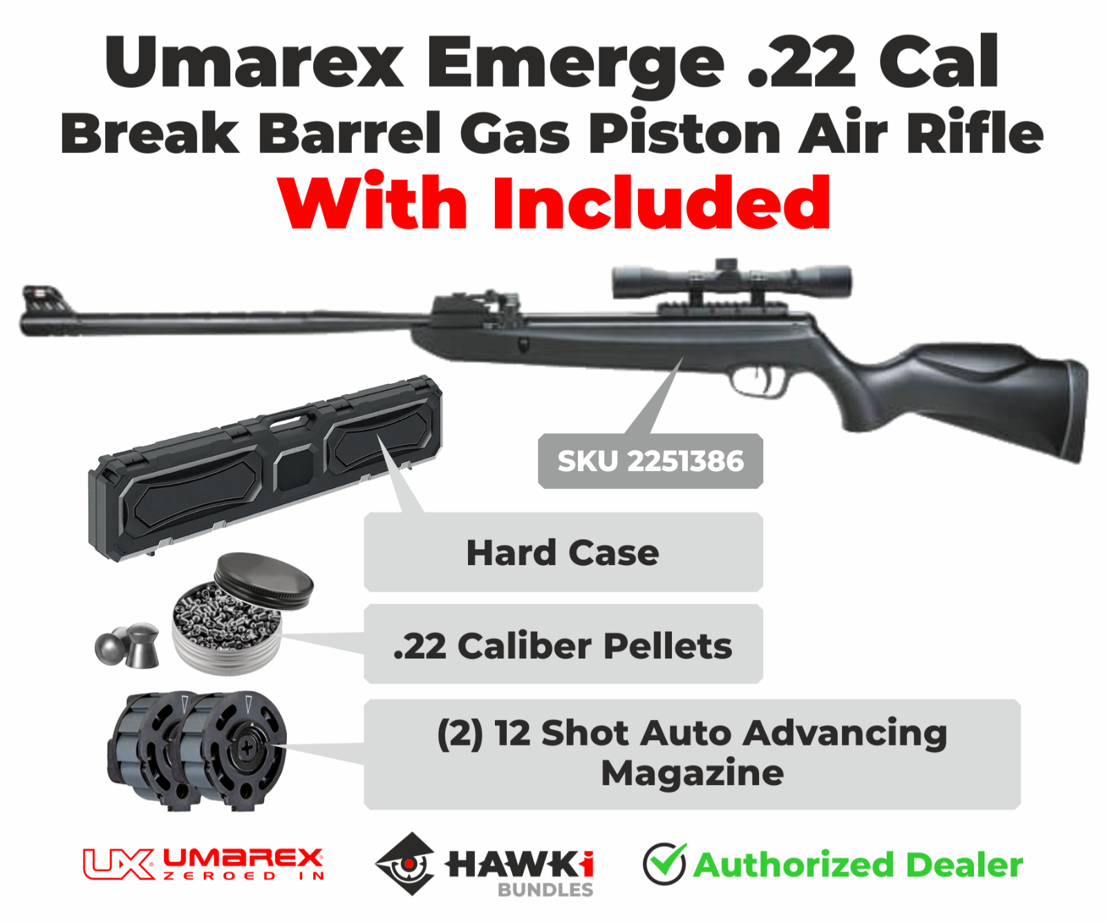 Umarex Emerge 12 Shot .22 Cal Break Barrel Air Rifle w/ Pellets and Mag ...