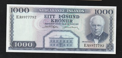 Iceland, 1000 Kronur, 1961, P-46, UNC Banknote, Jon Sigurdson, Serie ...