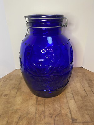 Large Italy Cobalt Glass Canister Jar with Hinged Lid 10.75” Oxen Scene ...