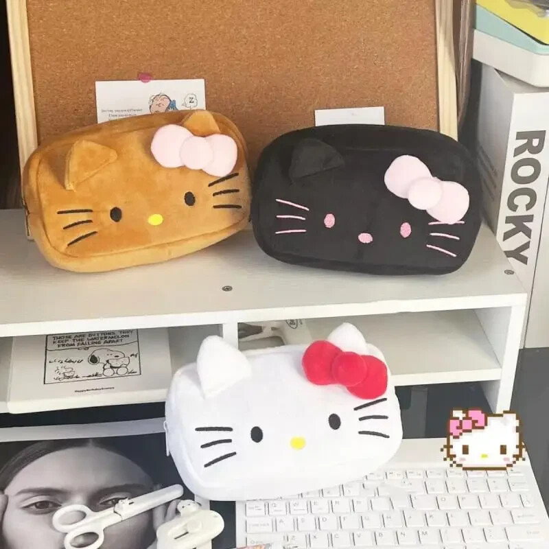 Hello Kitty Face Black & Pink Plush Vanity Case Pencil Cosmetic Pouch ...