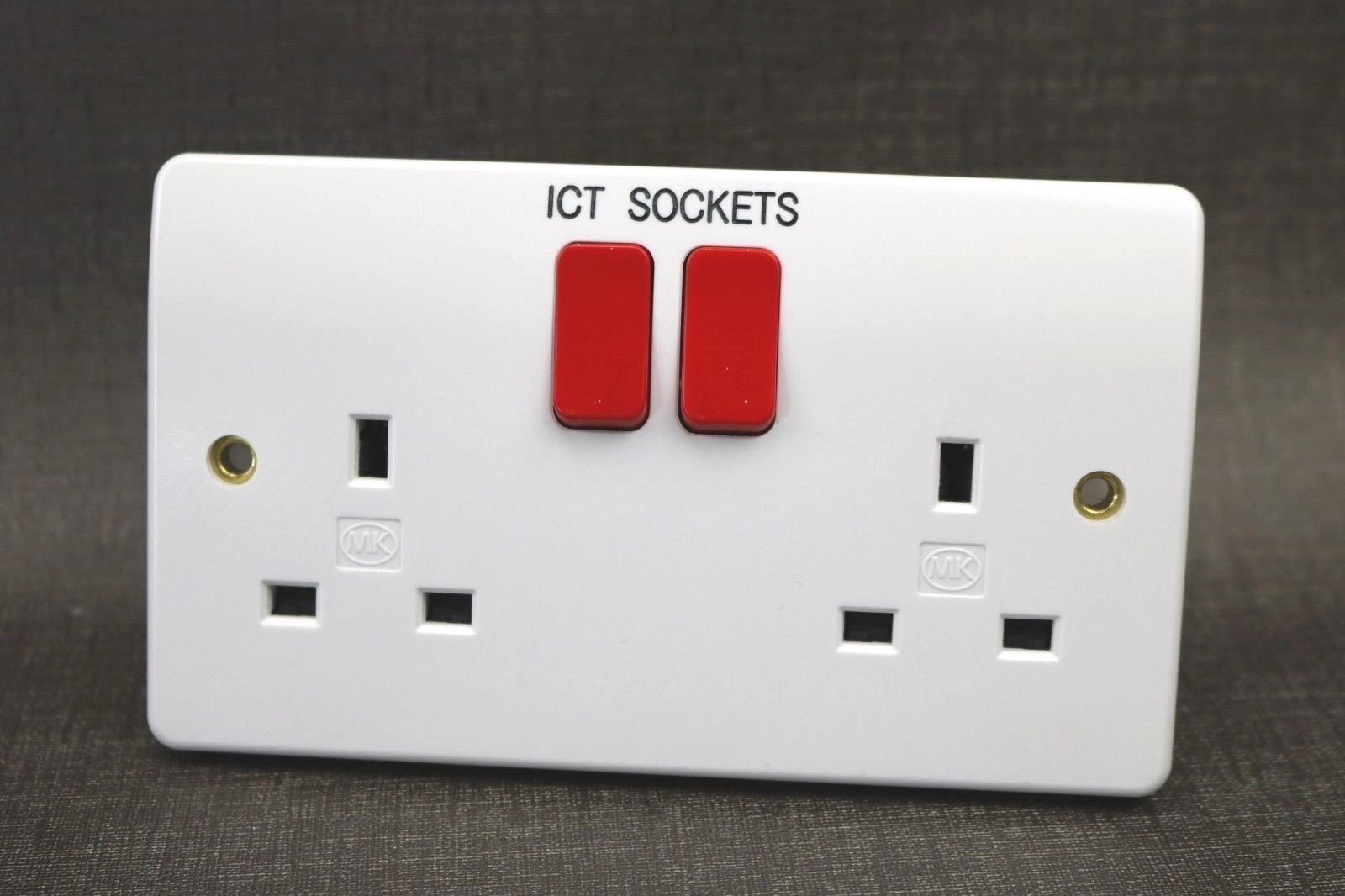 Pack of 1,3,5,10 MK 13A 2 Gang DP Switched Socket with Red Rockers ...