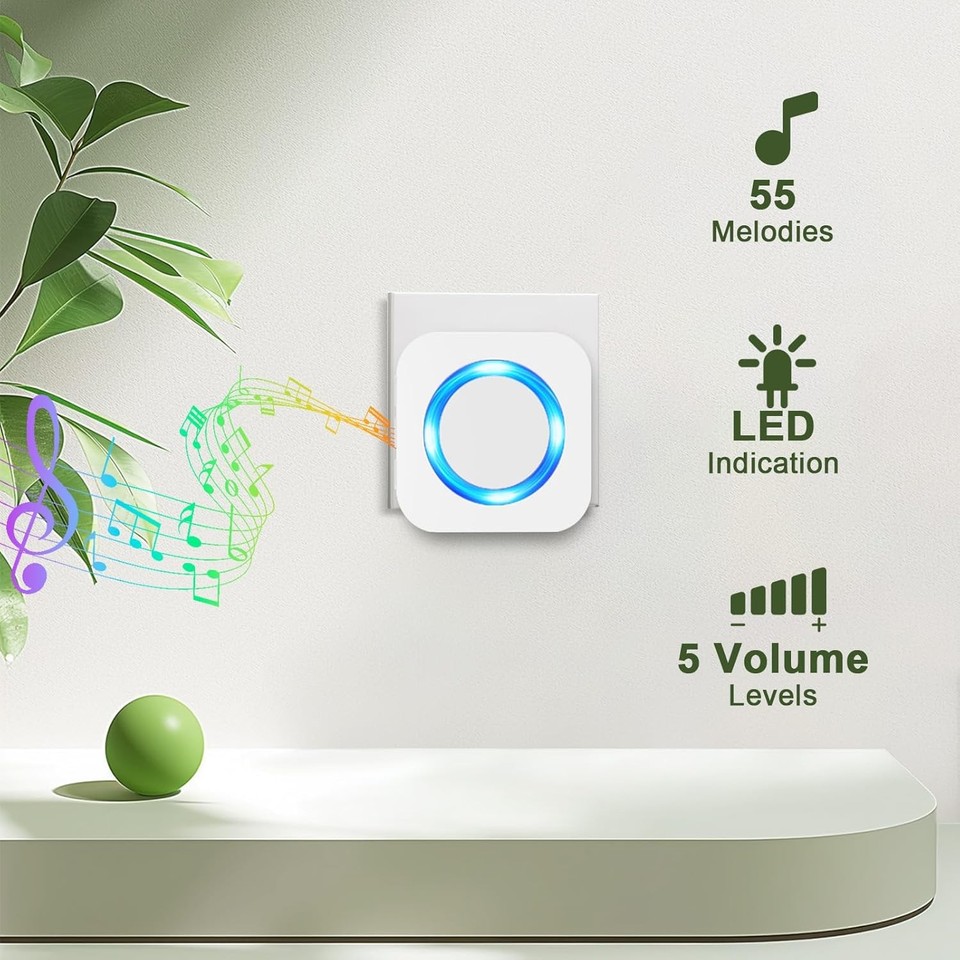 Wireless Doorbell, Waterproof Door Bell Cordless Battery Operated ...