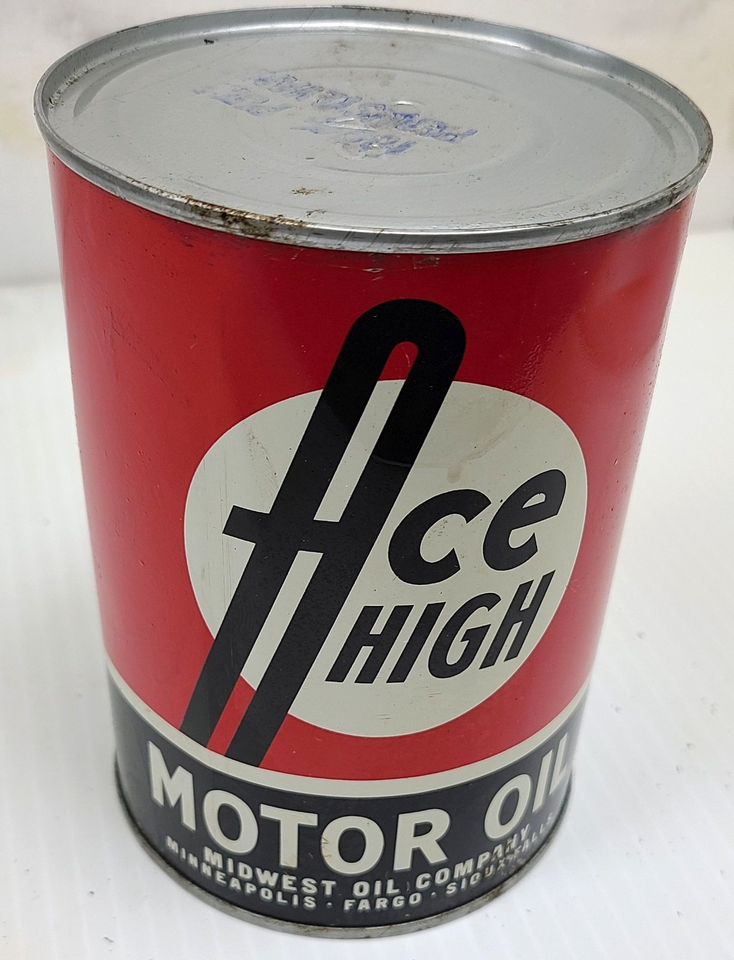 Vintage Ace High Motor Oil Midwest Oil Company Quart Steel Can 40W Full ...