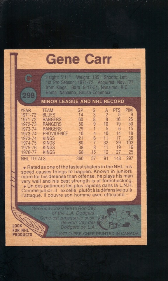 1977 O-PEE-CHEE HOCKEY CARD GENE CARR #298 EX-MT KINGS | eBay