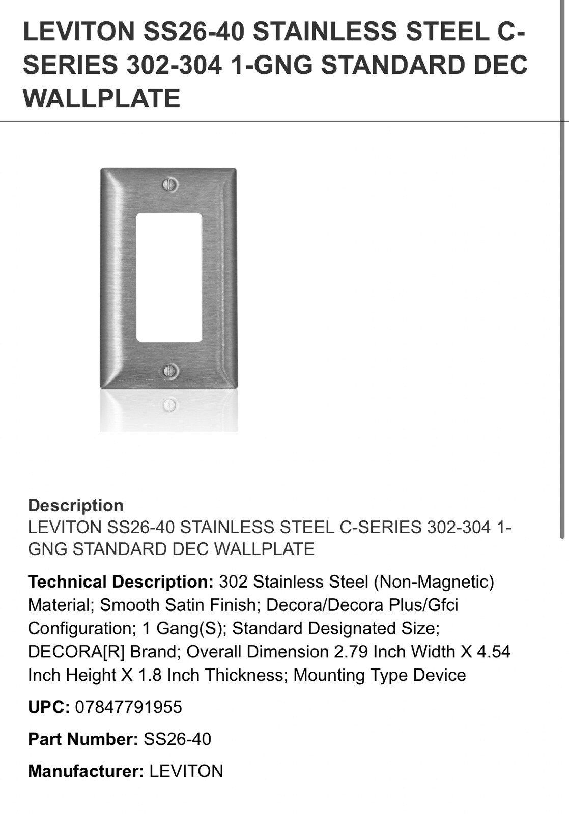 (C) (Qty 1) Leviton SS26-40 Stainless Steel Decora Wallplate Cover 1 ...