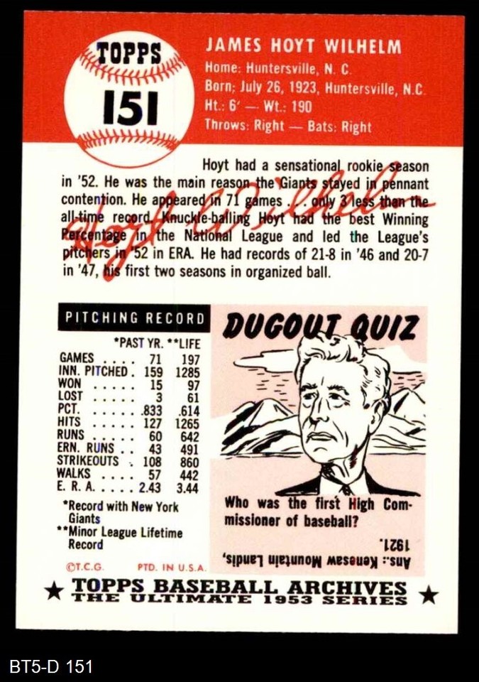 1953 Topps Archives / Reprint #151 Hoyt Wilhelm Giants HOF 8 - NM/MT | eBay