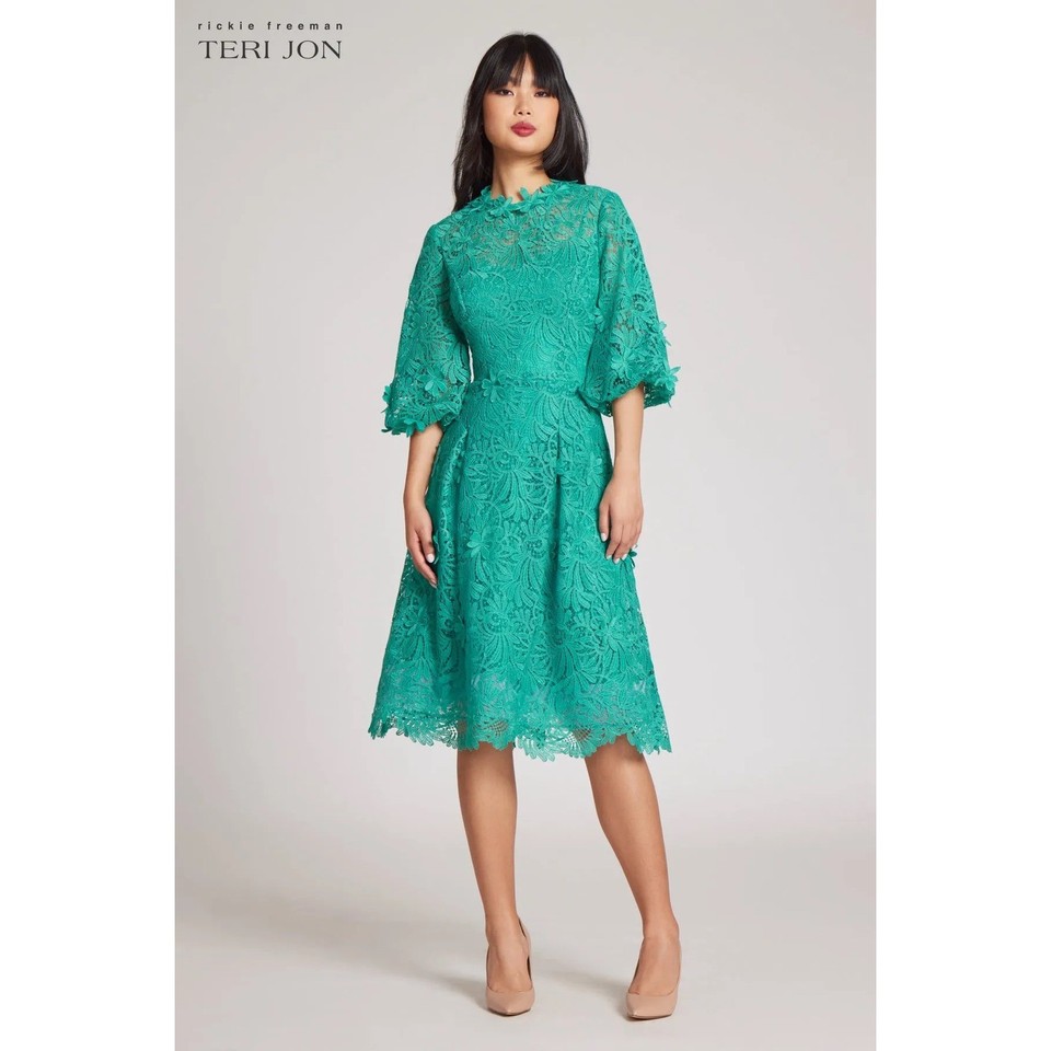 Rickie Freeman Teri Jon NEW Turquoise Flower Lace Puff Sleeve Midi ...