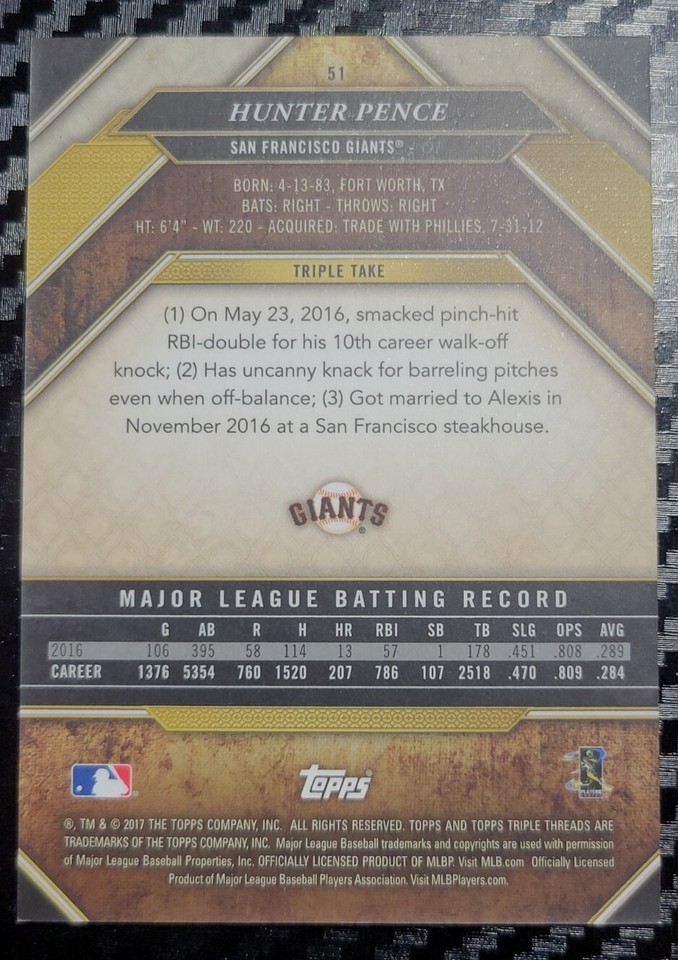 2017 Topps Triple Threads Amber /150 Hunter Pence #51 | eBay