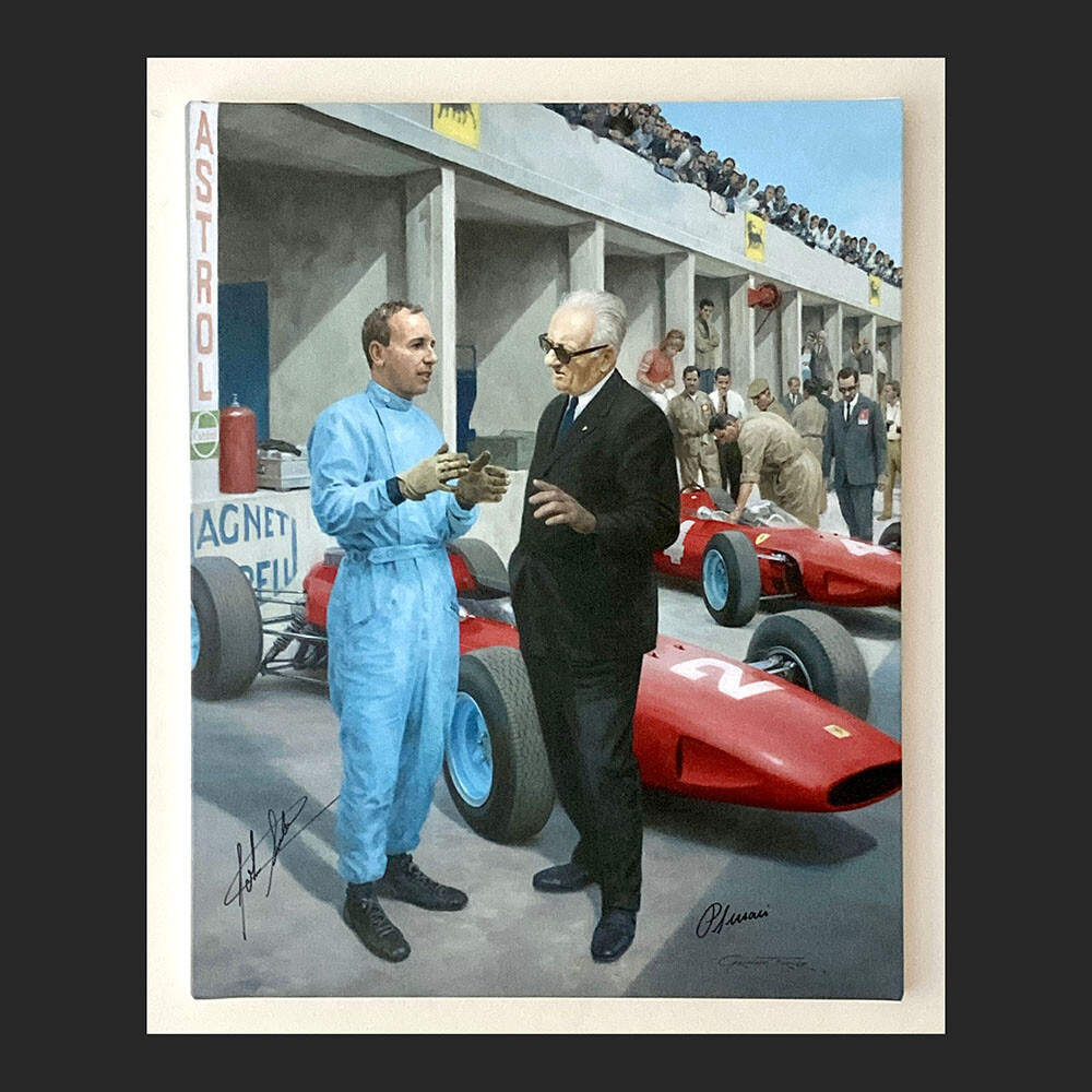 Piero Ferrari & John Surtees signed ‘The Monza Meeting’ 6x40 canvas ...