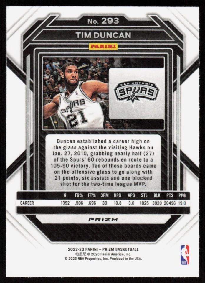 2022-23 Panini Prizm SILVER Tim Duncan San Antonio Spurs #293 | eBay