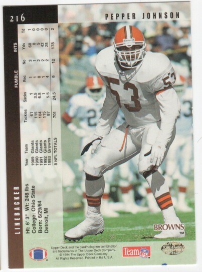 PEPPER JOHNSON Autographed Signed Auto 1994 Upper Deck #216 Cleveland ...
