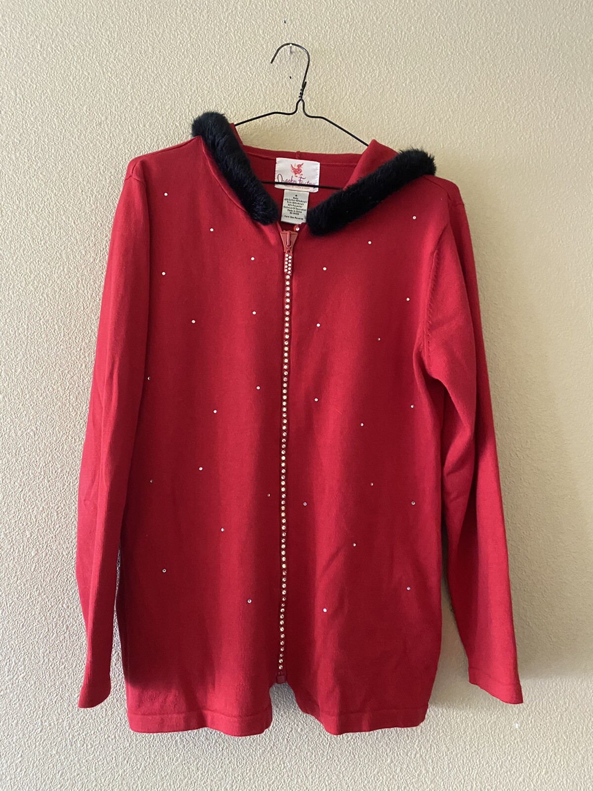 Vintage Quacker Factory Red Bedazzled Sweater Zip Up Black Fur Trim Y2K ...
