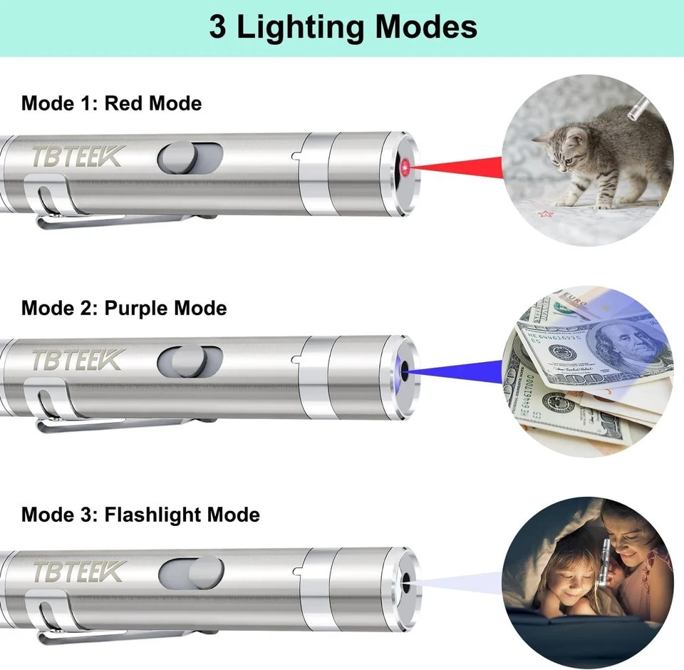 Red Laser Pointer Pen USB Rechargeable LEd UV Light Flashlight Cat Dog ...