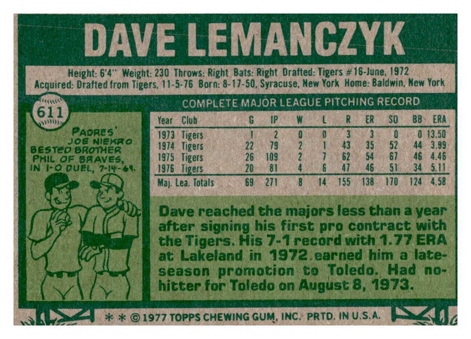 1977 Topps Dave Lemanczyk 611 | eBay
