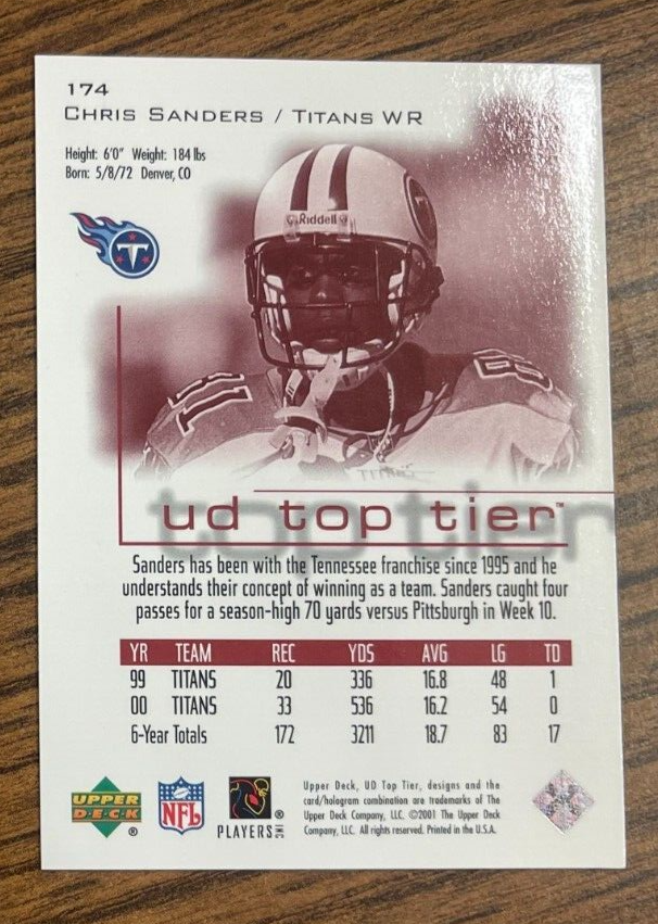 2001 Upper Deck Top Tier Card # 174 Chris Sanders - Texas Titans | eBay