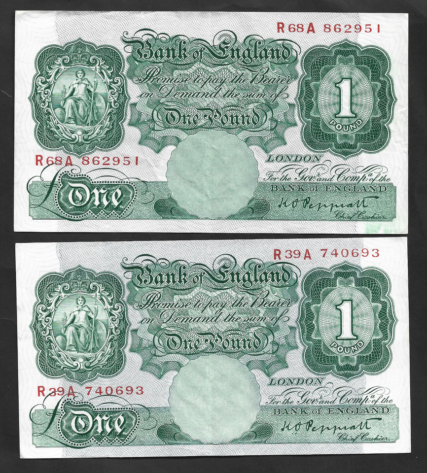 6 X BRITISH BANK OF ENGLAND GREEN ONE POUND BANKNOTES HIGH GRADES NOTED ...