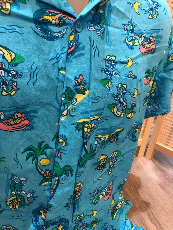 Tom and Jerry Cartoon Hawaiian Button Up Shirt Blue Medium M 100% Rayon ...