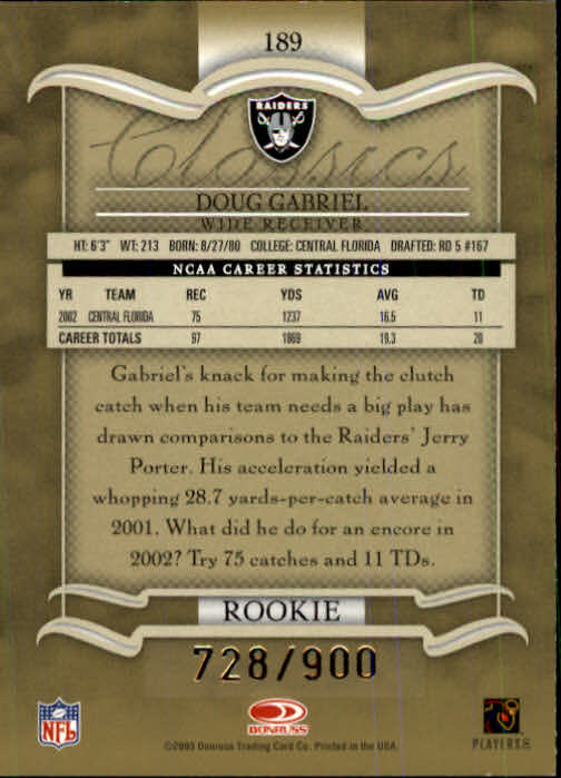 2003 Donruss Classics Football Card #189 Doug Gabriel Rookie | eBay