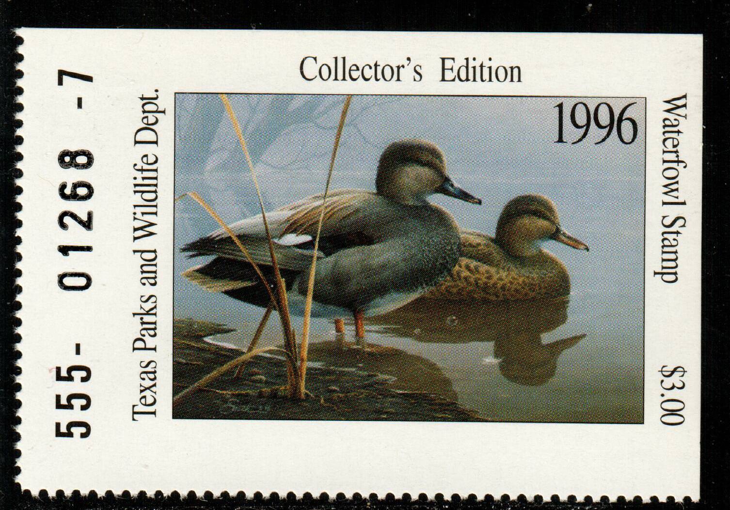 Texas 1996 State Waterfowl Hunting Permit Stamp Pintails #16 Collector ...