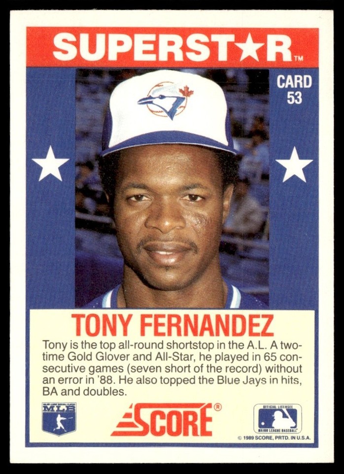 1989 Score Baseball's 100 Hottest Players Tony Fernandez Toronto Blue ...