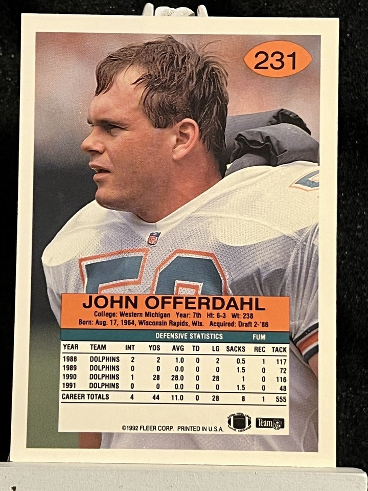 1992 Fleer #231 John Offerdahl Miami Dolphins Football NFL Card | eBay