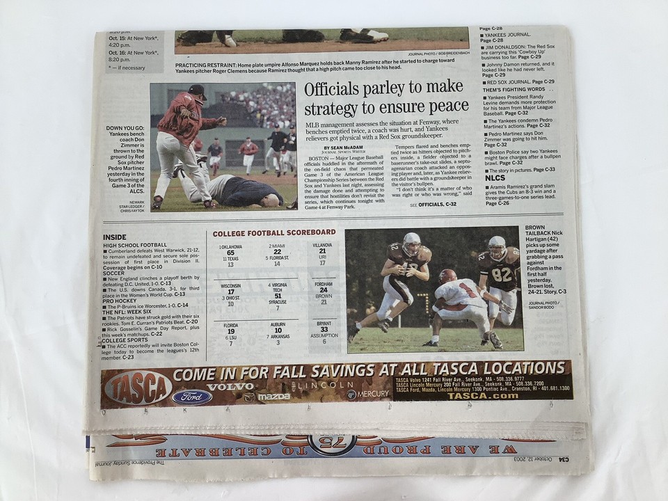 Oct 12 2003 Providence Journal Newspaper Boston Red Sox Yankees Playoff ...