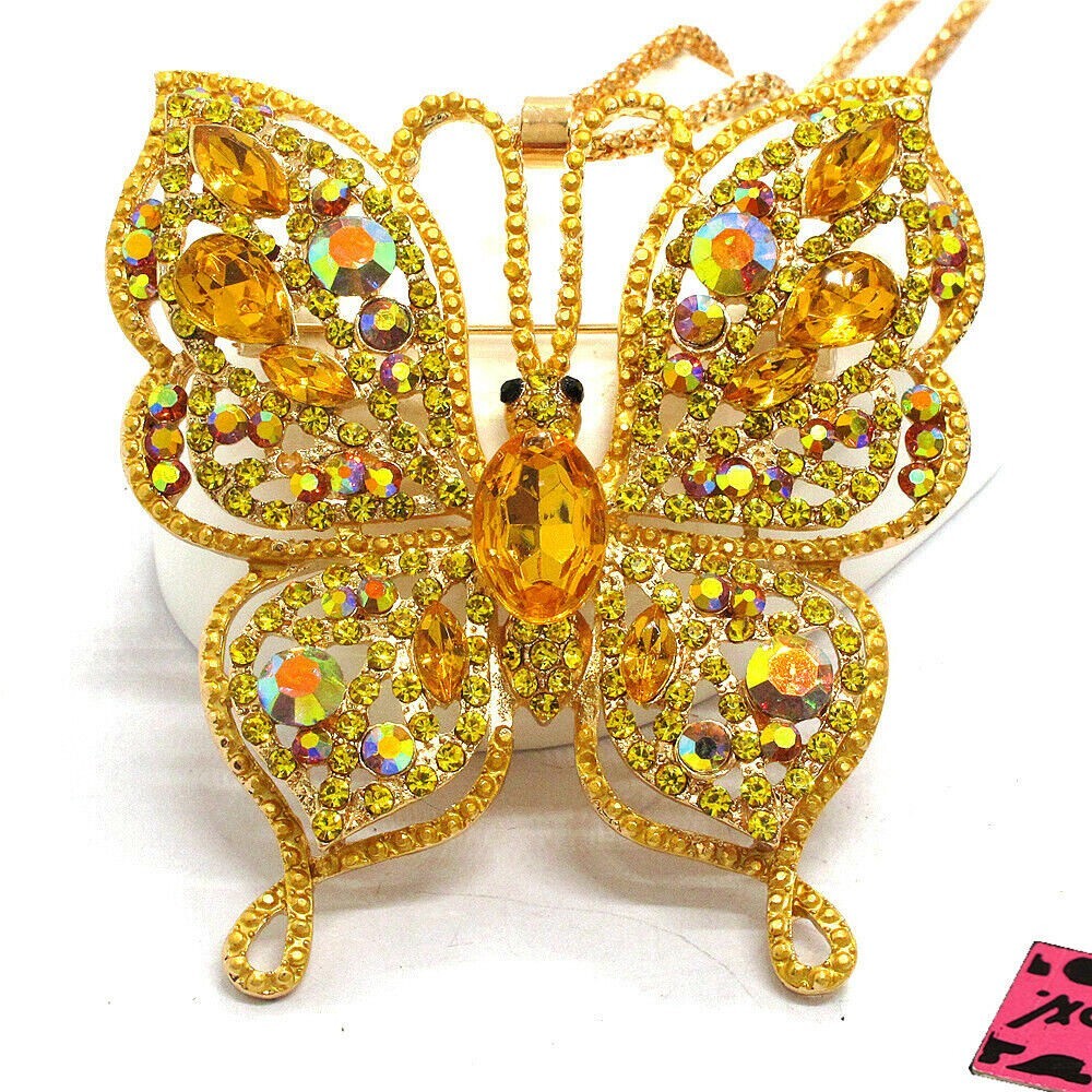 Betsey Johnson Necklace Butterfly Gold Amber Crystals | eBay