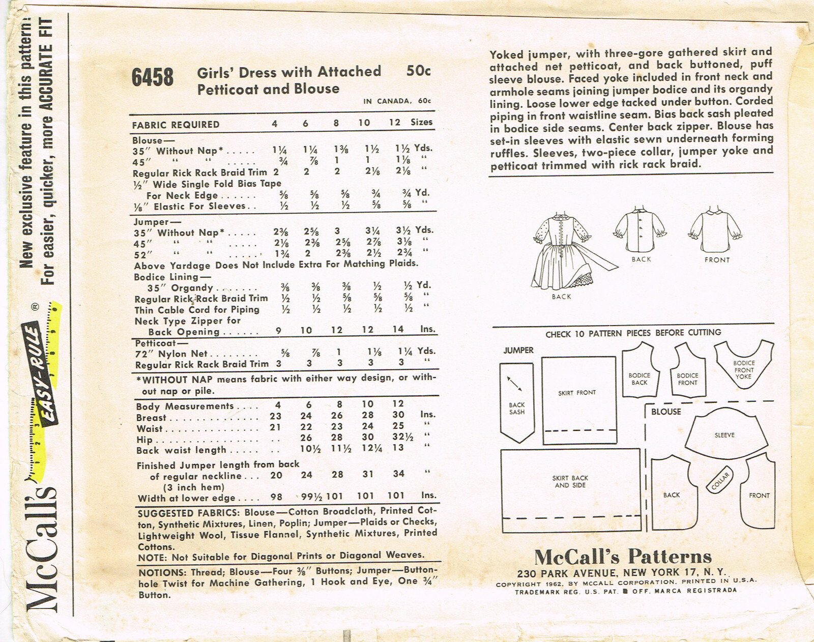1960s Vintage McCalls Sewing Pattern 6458 Cute Helen Lee Girls Jumper ...