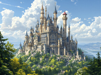 Many-Spired Castle Dominating a Forested Landscape from a Hill Poster ...