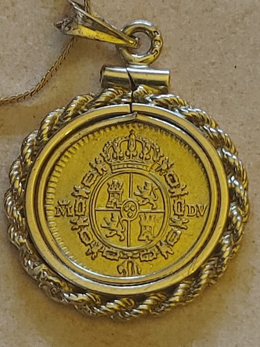 1786 Spanish .875 Gold Half Escudo 14K Gold Pendant 18" 14K Gold Flat ...