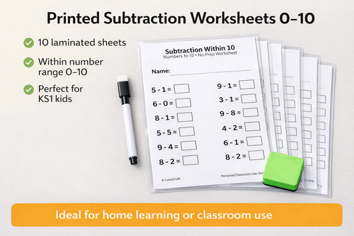 Laminated Subtraction Worksheets 0–10 KS1 Pack of 10 with Pen & Eraser ...
