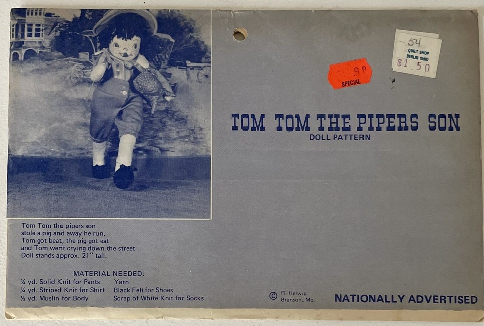 Vintage Ozark Crafts Tom Tom The Pipers Son Doll Sewing Pattern 1977 | eBay