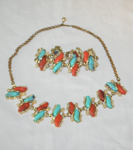 Vintage MCM Gold Necklace & Bracelet Set Faux Pearls & Glass Turquoise ...
