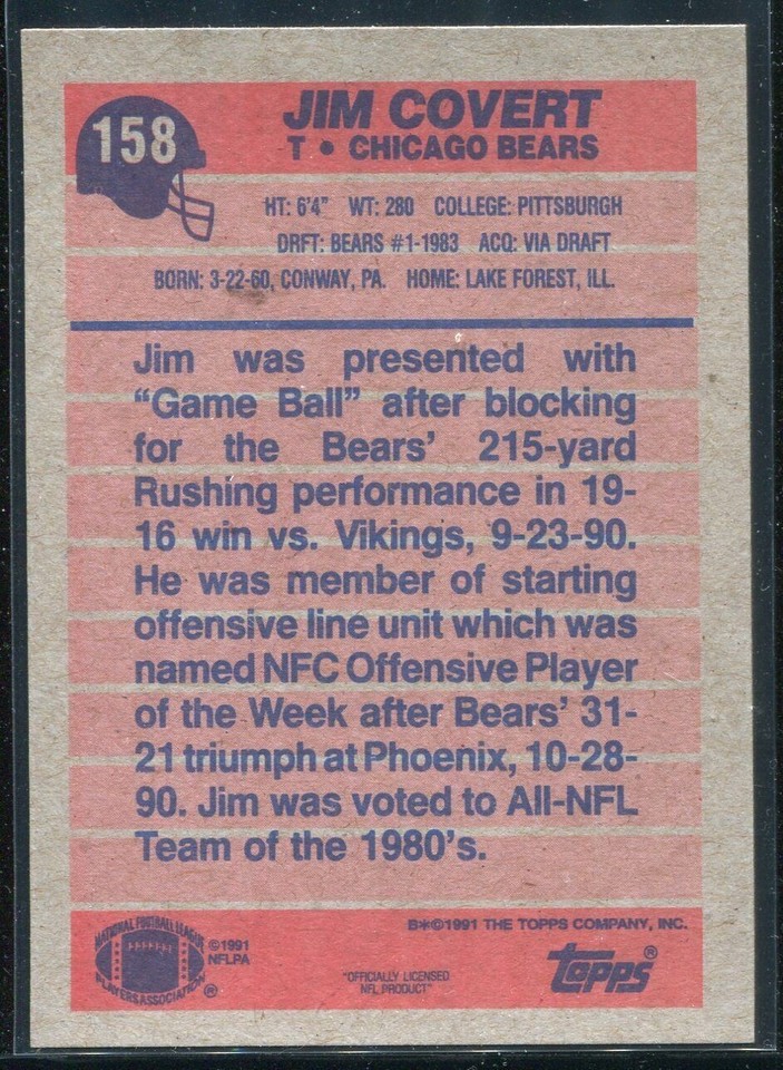 1991 TOPPS 😎 NFL Football Trading Card #158 - JIM COVERT, Chicago Bears ...