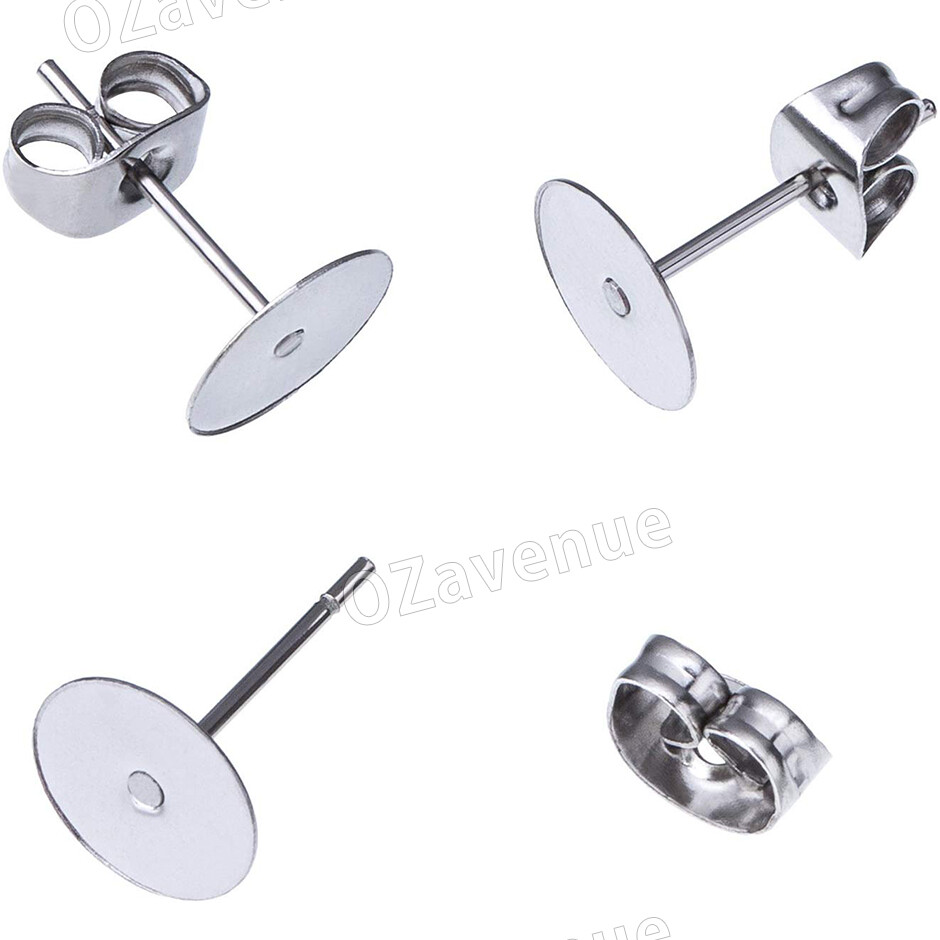 200pcs 4/8mm DIY Flatback Earring Stud Posts Pads & Nut Backs Stainless ...