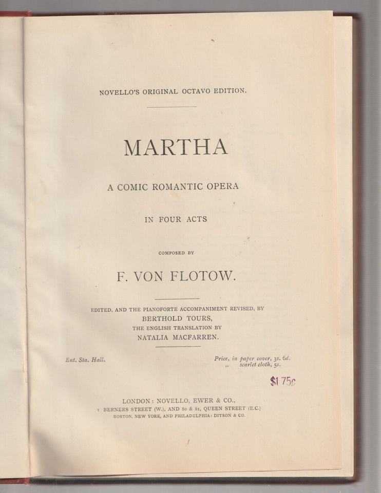 Martha Opera Score With German and English lyrics, Vintage Novello ...