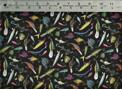 Elizabeth's Studio Realistic Fishing Lures on Black 100% Cotton Quilt ...
