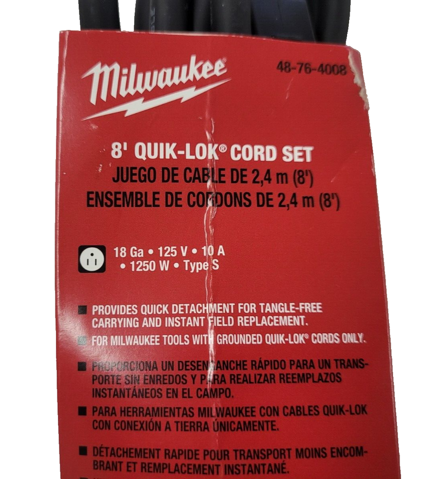 48-76-4008 Milwaukee 8' Quik Lok3 Wire Cord Set w/ Twist Lock Plug Nema ...