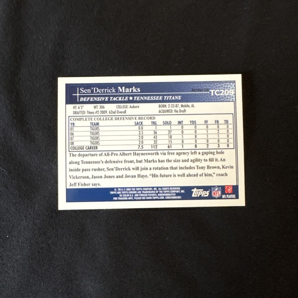 2009 Topps Chrome Sen’Derrick Marks RC Xfractor Rookie #17/25 Tennessee ...